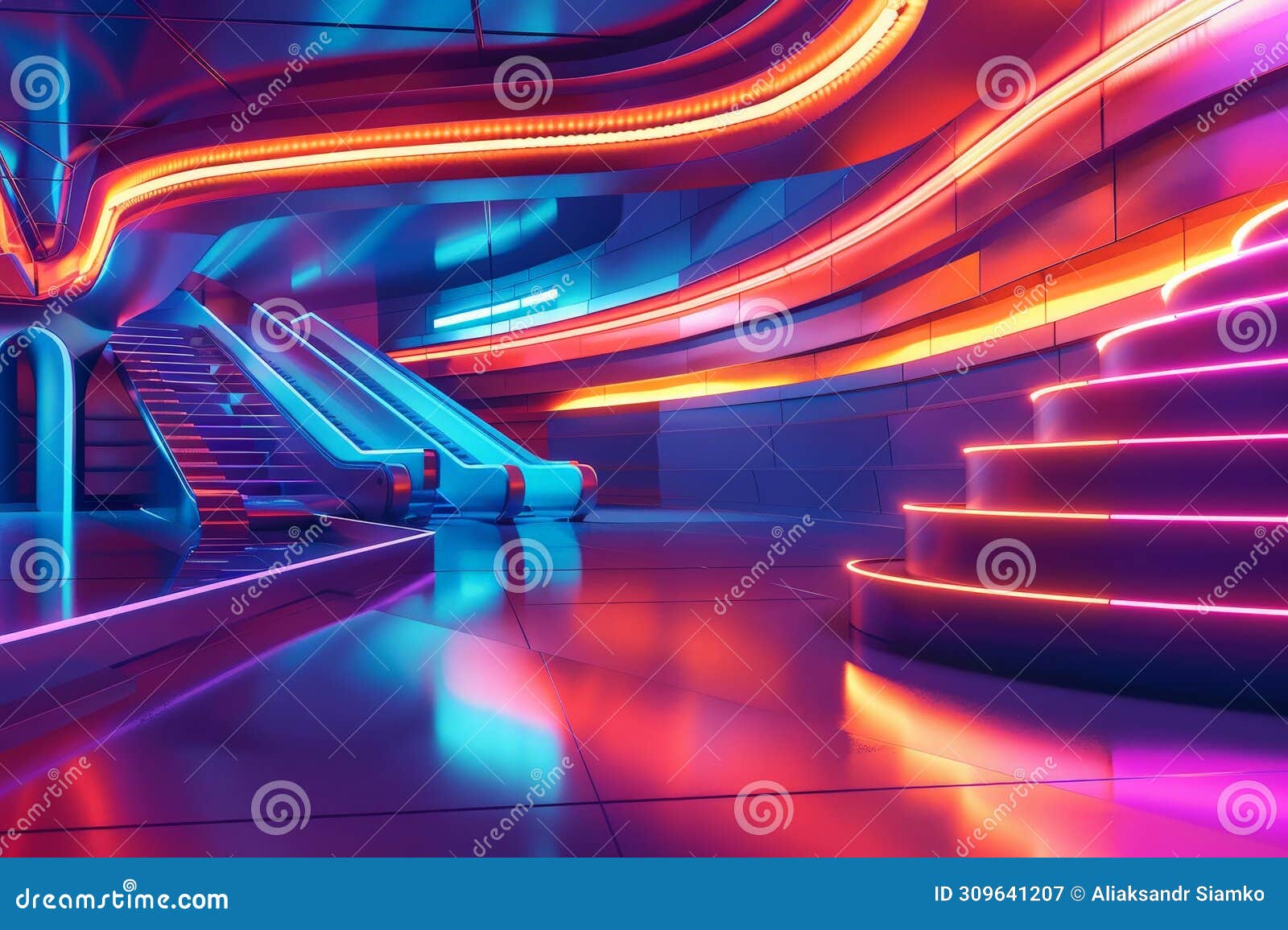 A Futuristic Building with Neon Lights and Escalators Stock Image ...