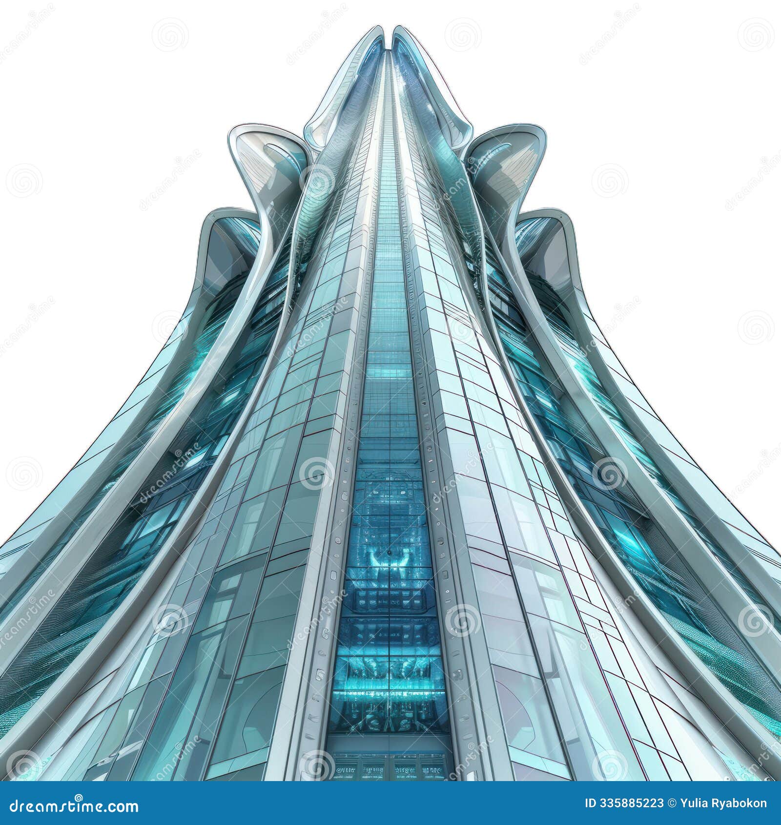 Futuristic Building Soaring into the Clouds with White Background Stock ...