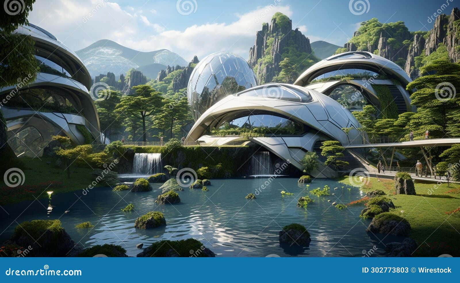 Futuristic Buildings Situated beside a Tranquil Lake and Mountains, AI ...