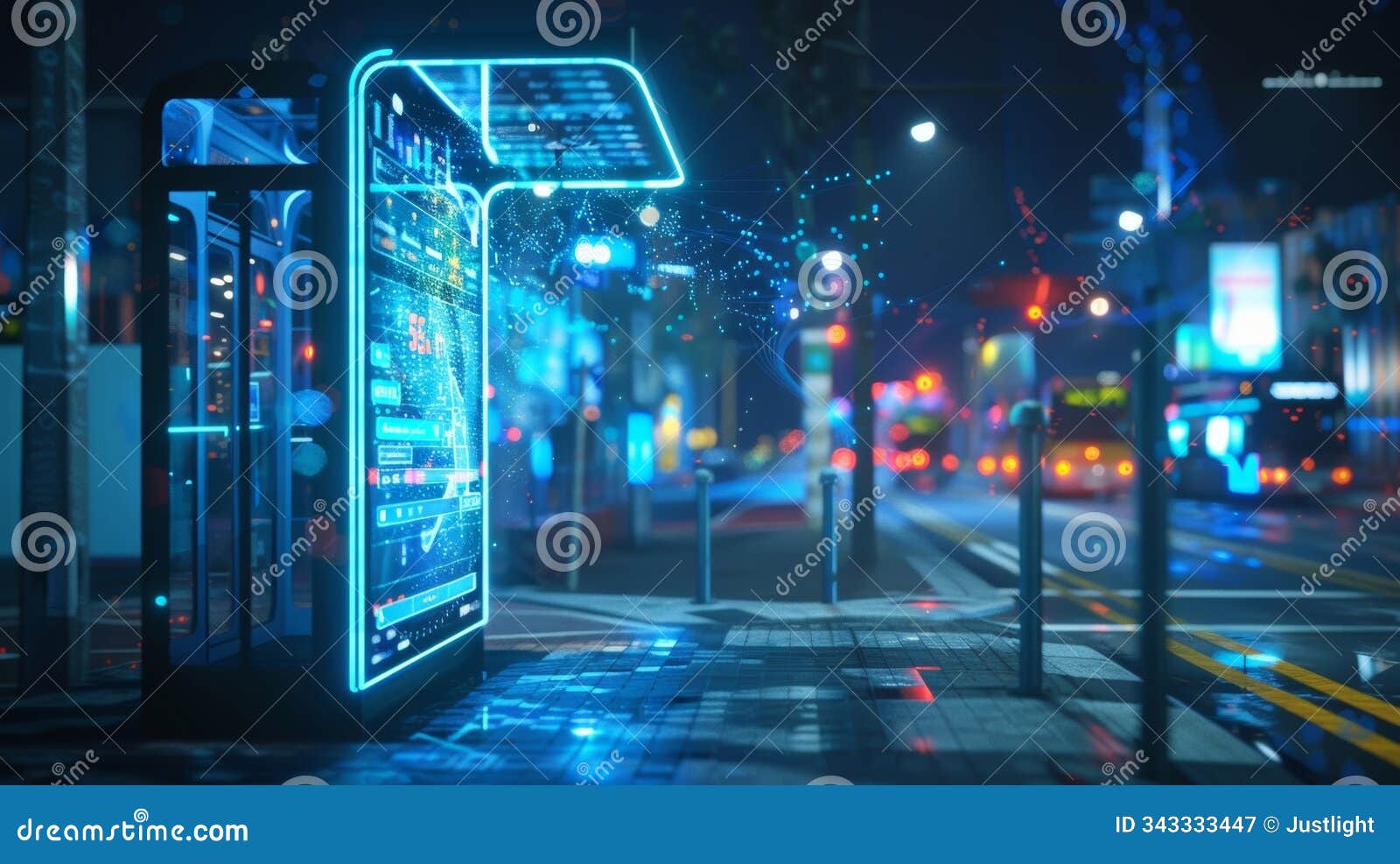 Futuristic Bus Stop Displaying Interactive Map and Data in Smart City ...