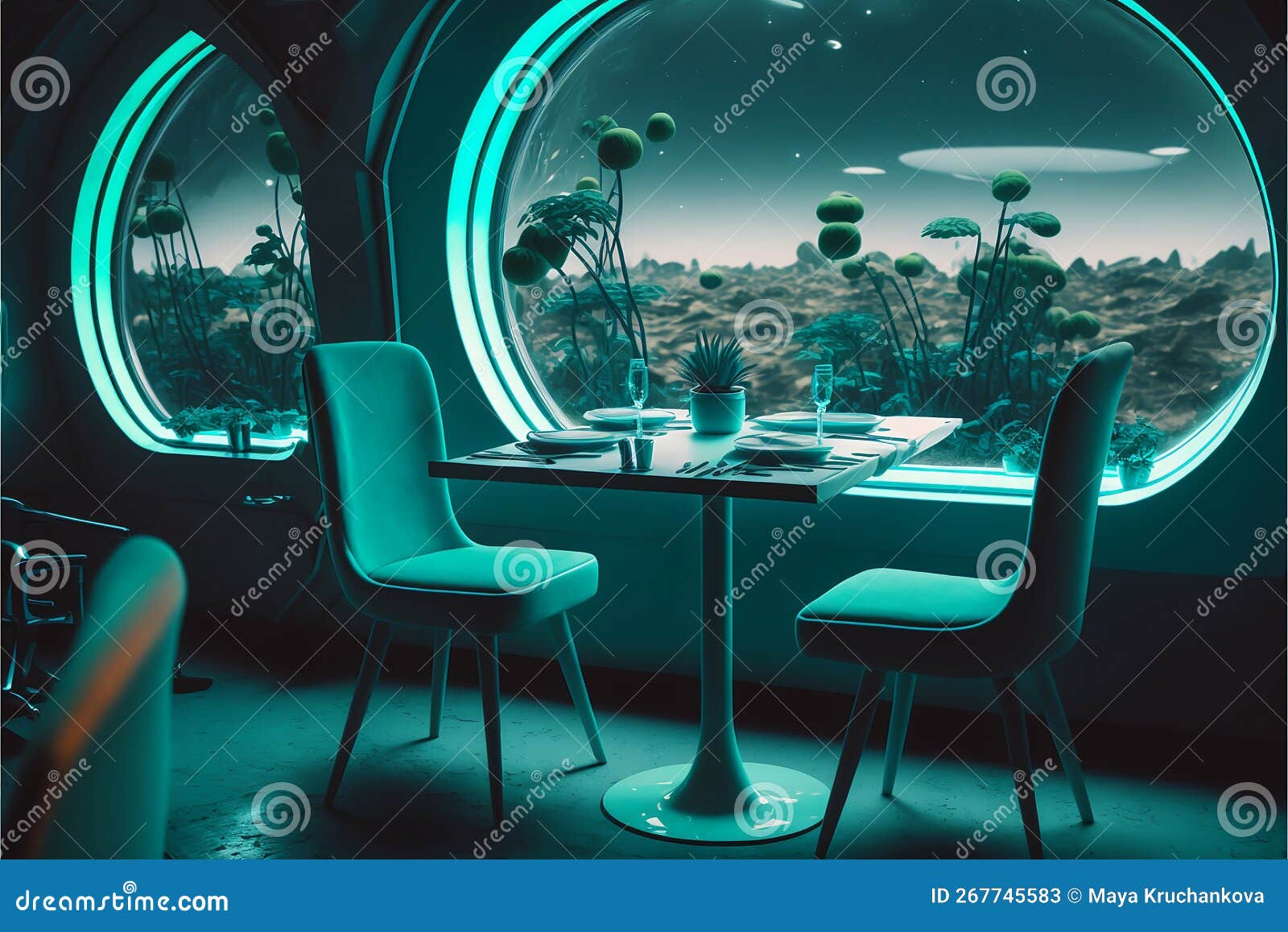 Futuristic Cafe Design with Rounded Lines in Space Stock Illustration ...