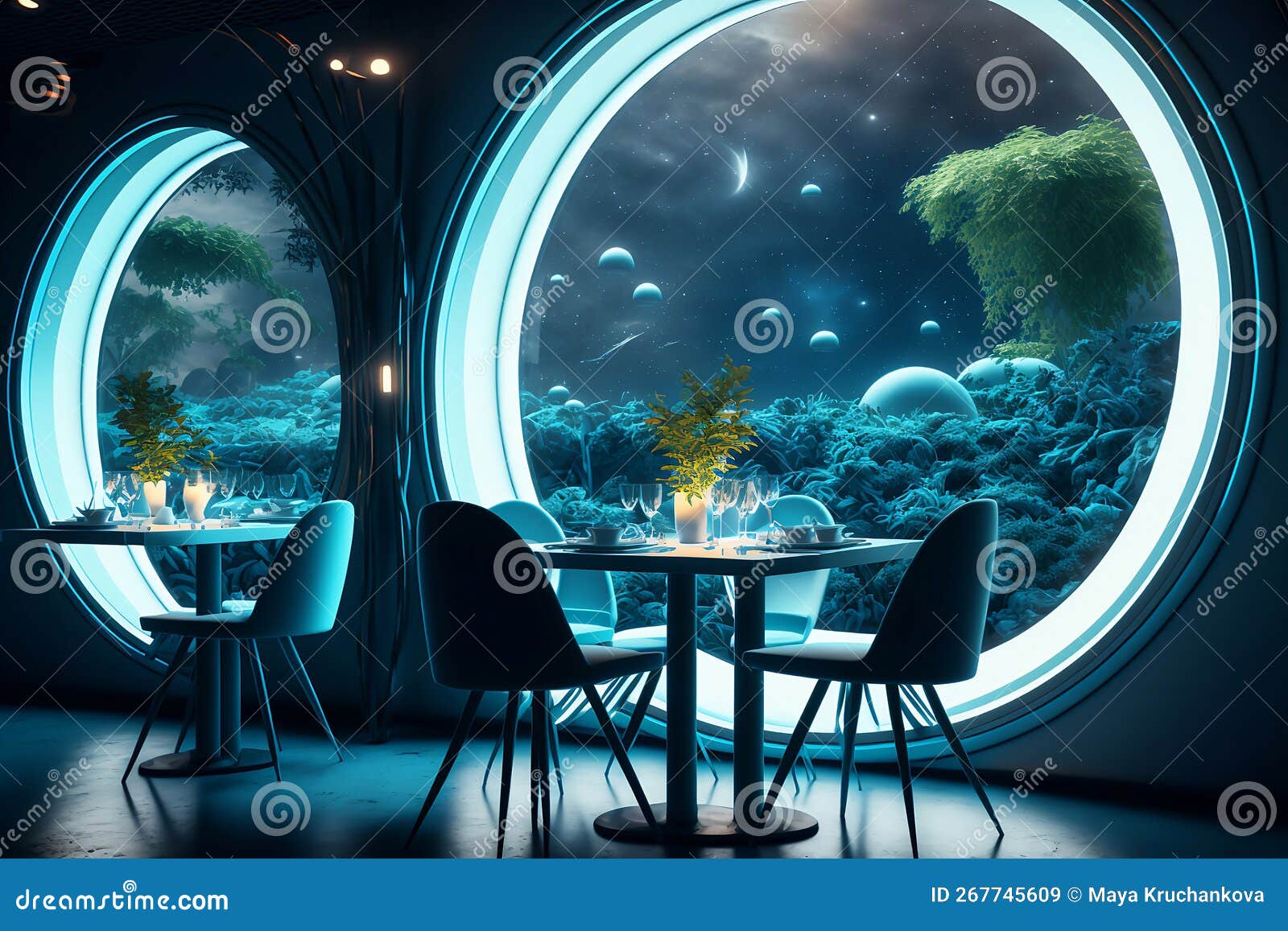 Futuristic Cafe Design with Rounded Lines in Space Stock Illustration ...