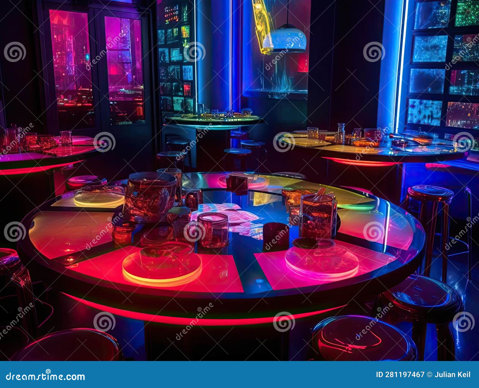 Futuristic Cafe with Pulsating Lights and Interactive Menu Stock ...