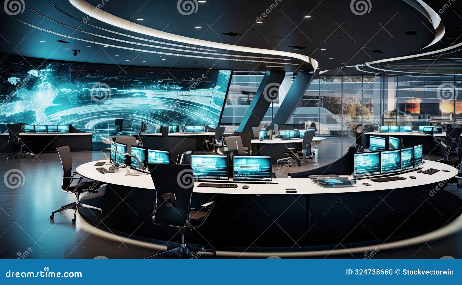 Futuristic Call Center Interior Stock Illustration - Illustration of ...