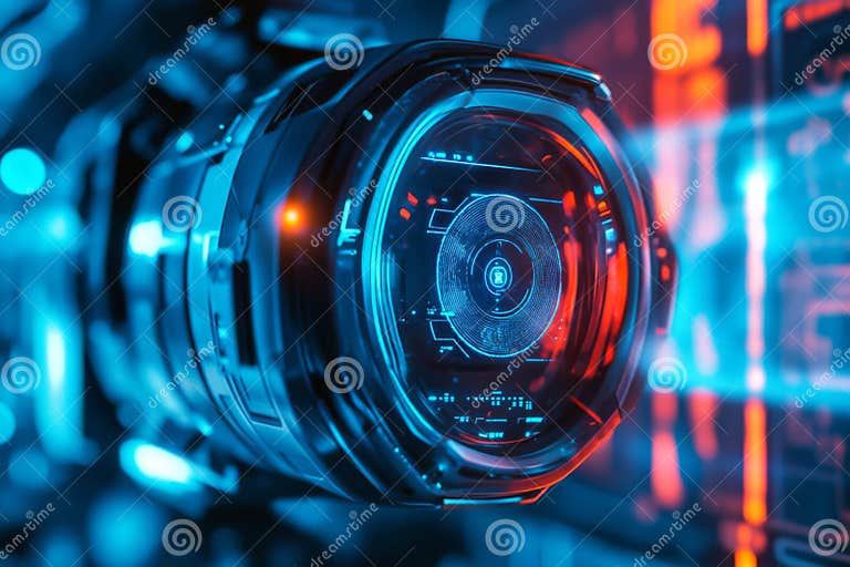 Futuristic Camera Lens with Digital Interface and Red and Blue Lighting ...
