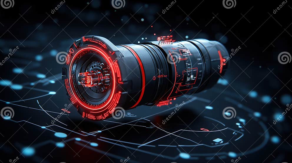 Futuristic Camera Lens with Glowing Elements on a Dark Background Stock ...