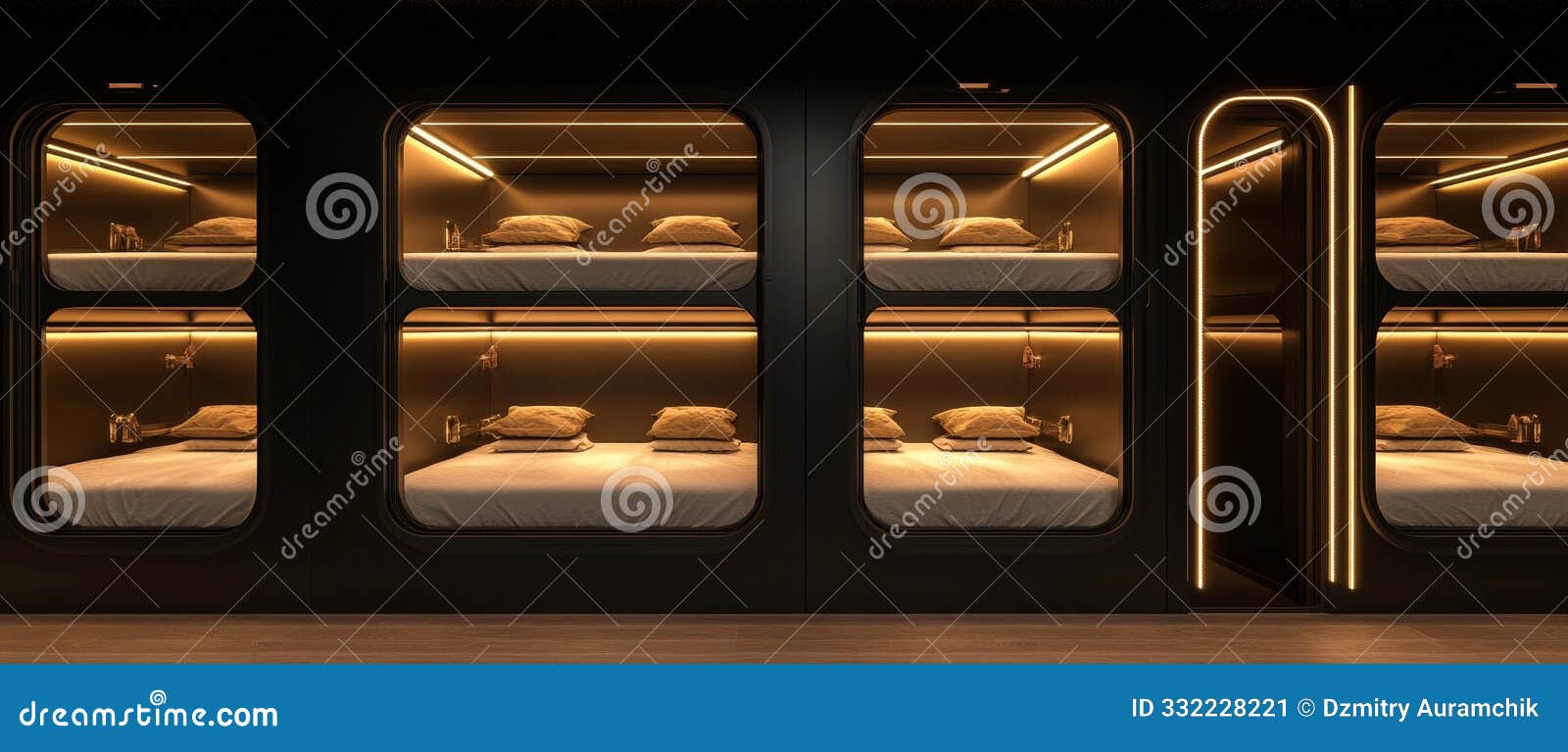 A Futuristic Capsule Hotel Interior with Rows of Illuminated Sleeping ...