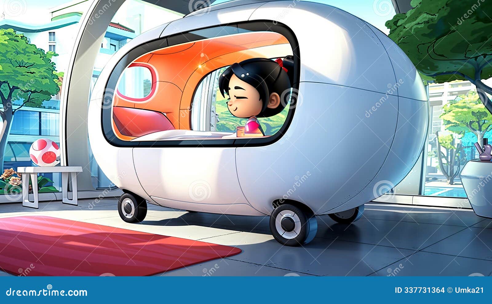 Futuristic Capsule Pod with Relaxed Child in Modern Urban Setting Stock ...