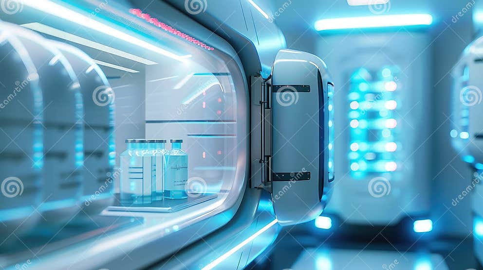 Futuristic Laboratory Capsules in Illuminated Blue Science Setting ...