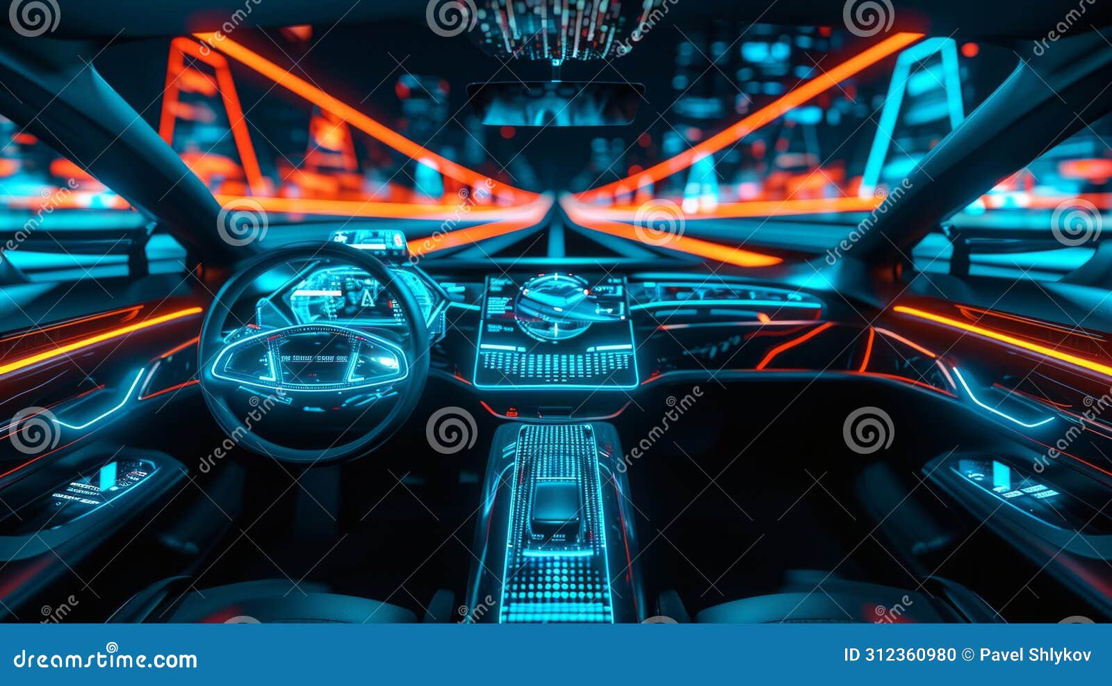 Futuristic Car Cockpit. Autonomous Car. Driverless Vehicle. HUD(Head Up ...