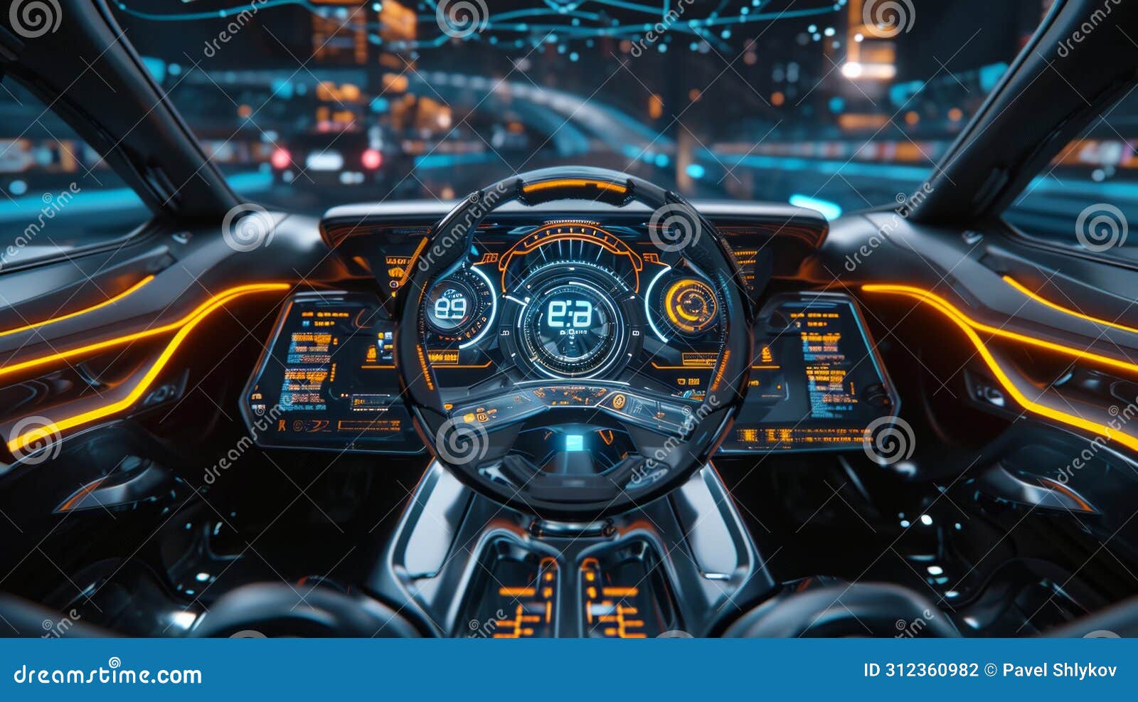 Futuristic Car Cockpit. Autonomous Car. Driverless Vehicle. HUD(Head Up ...