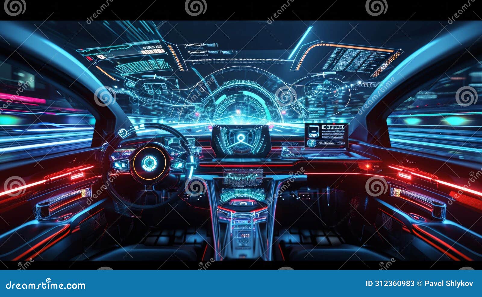 Futuristic Car Cockpit. Autonomous Car. Driverless Vehicle. HUD(Head Up ...