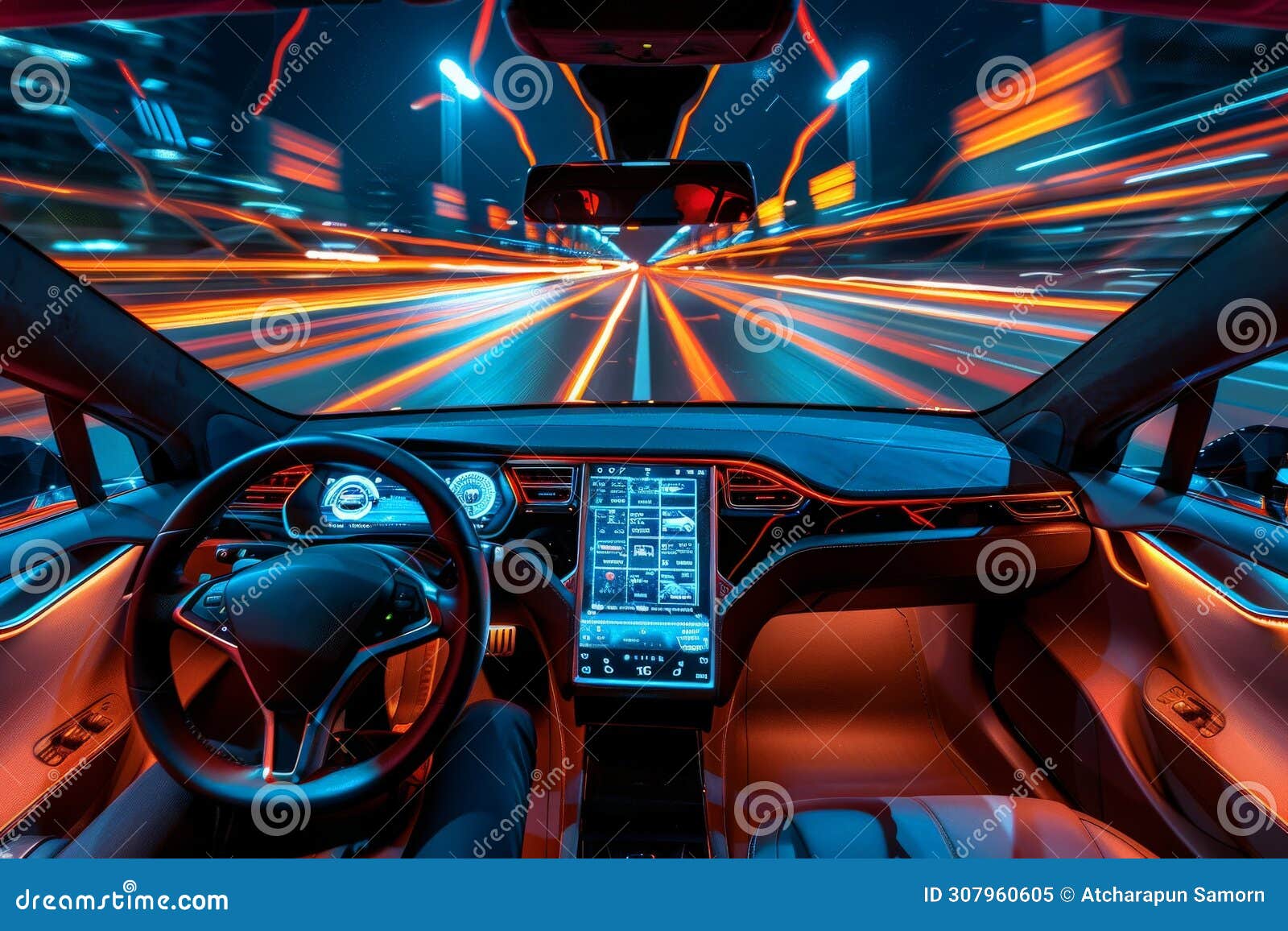 Futuristic Car in Cyber City, Self Driving Car Navigating through a ...