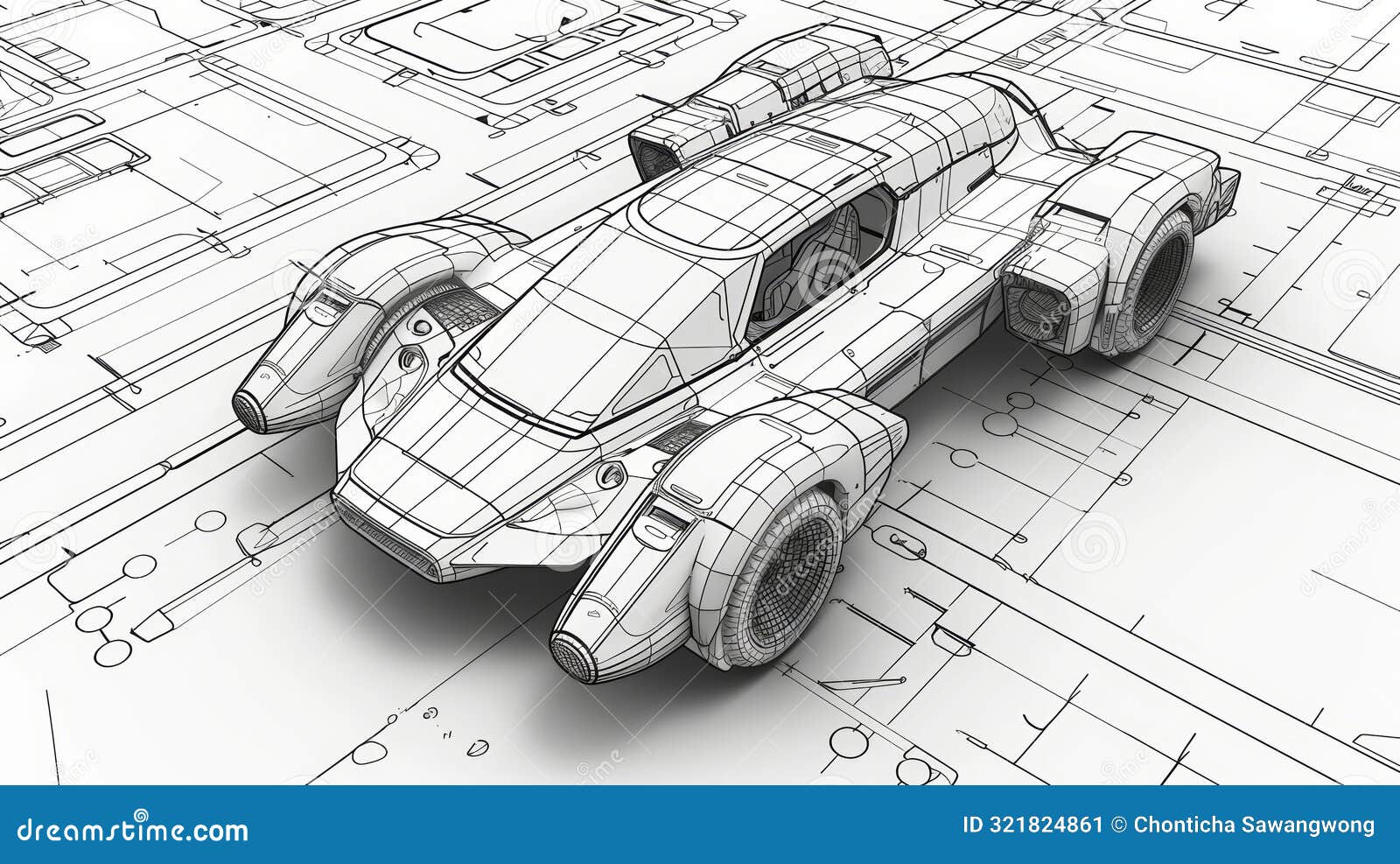 A Futuristic Car Design Rendered In A Blueprint Style, Highlighting The ...