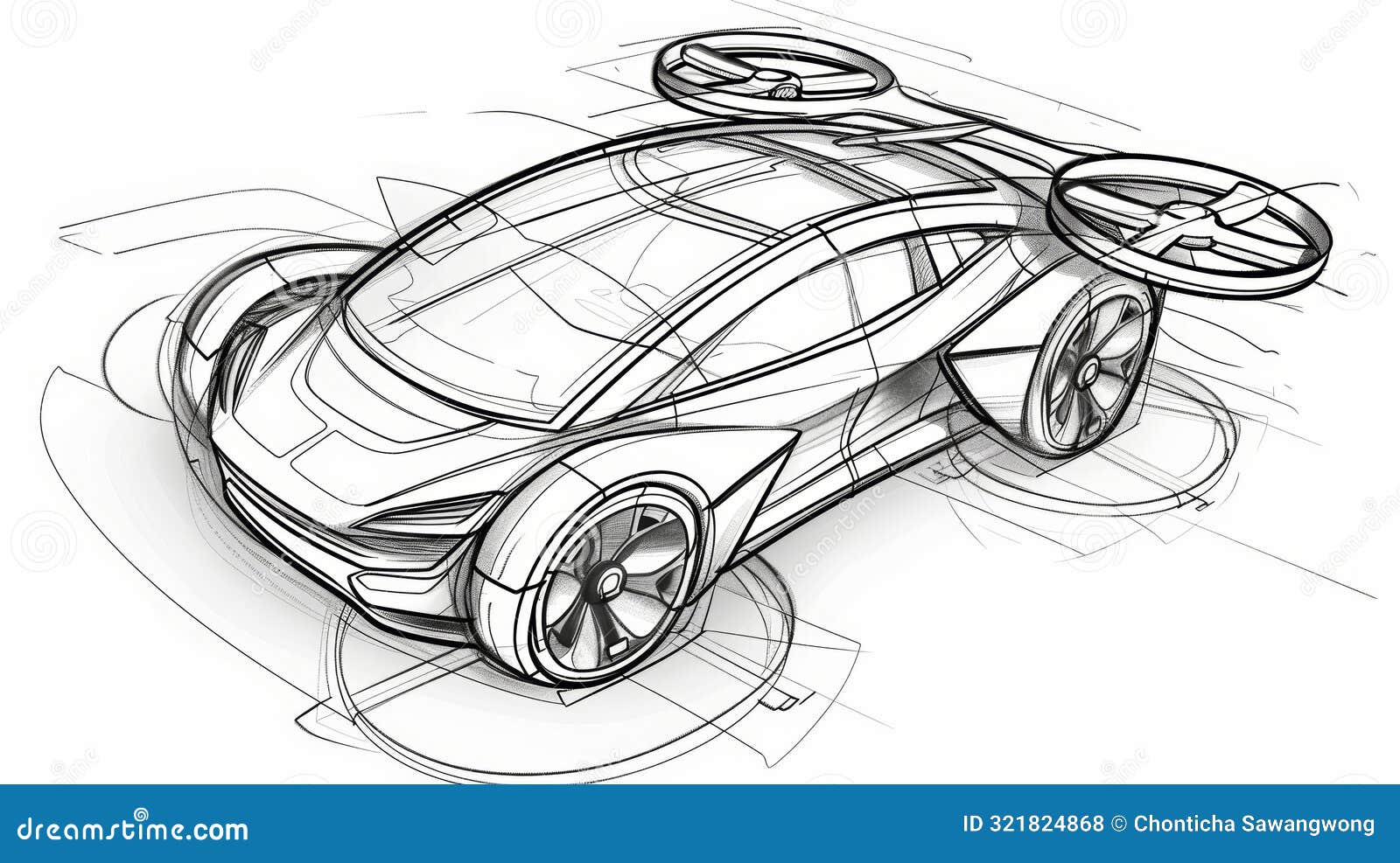 A Futuristic Car Design Sketch with Two Rotors on Top Stock ...