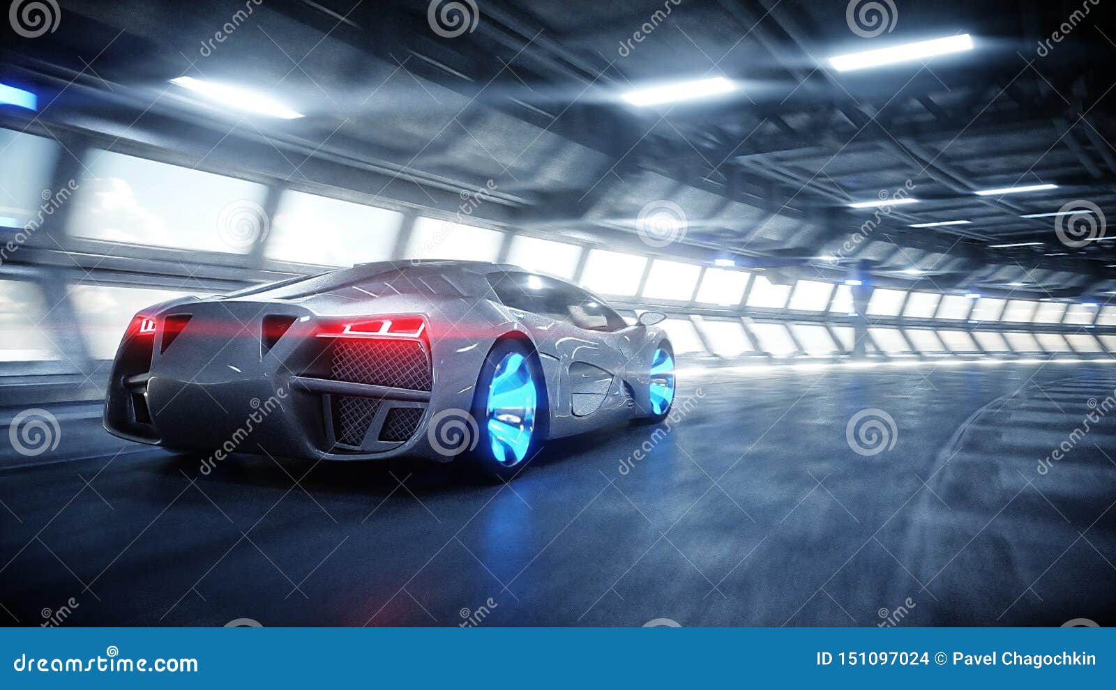 Futuristic Car Fast Driving in Sci Fi Tunnel, Coridor. Concept of ...
