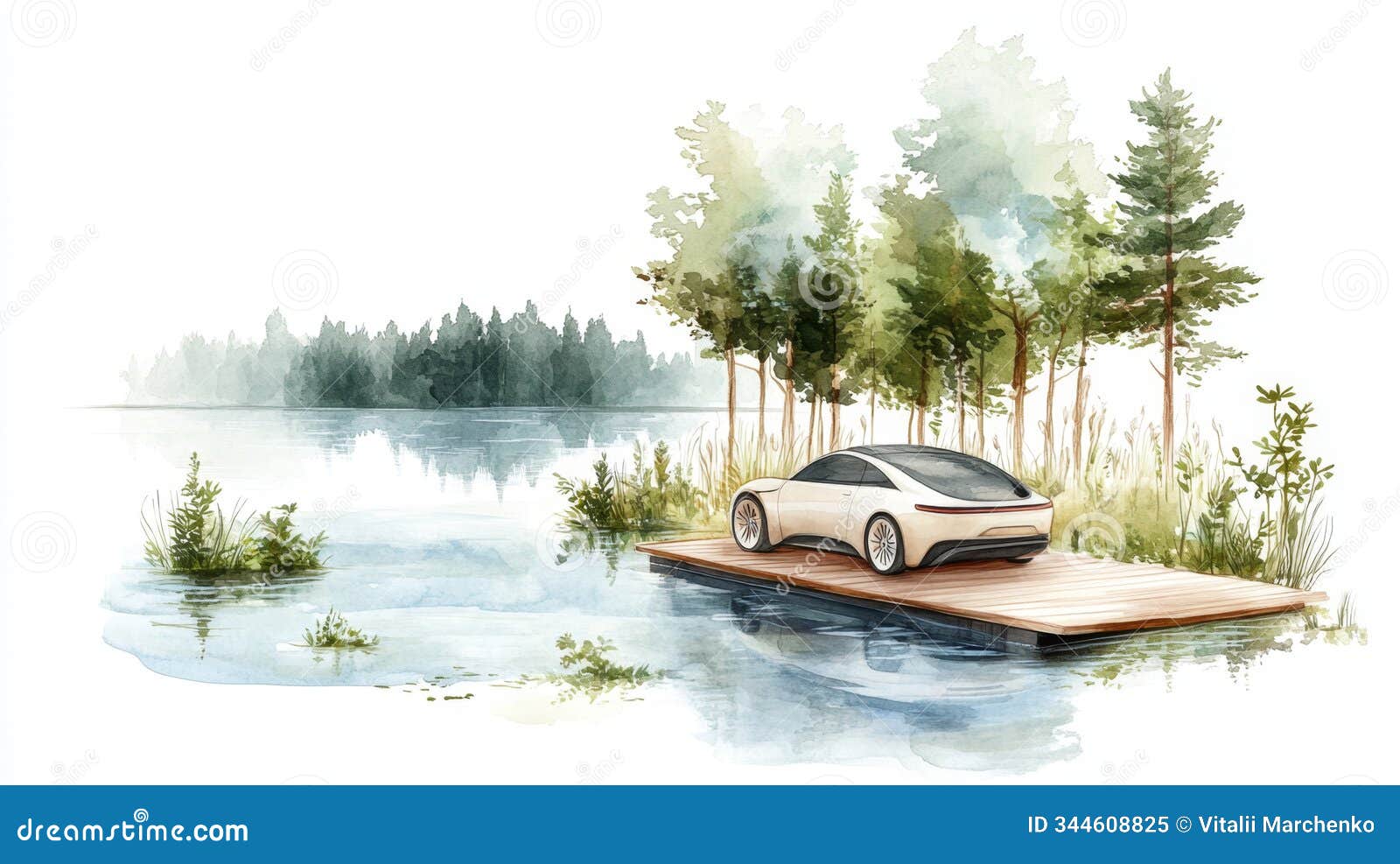 Futuristic Car on Floating Dock by Serene Lake with Lush Trees Stock ...
