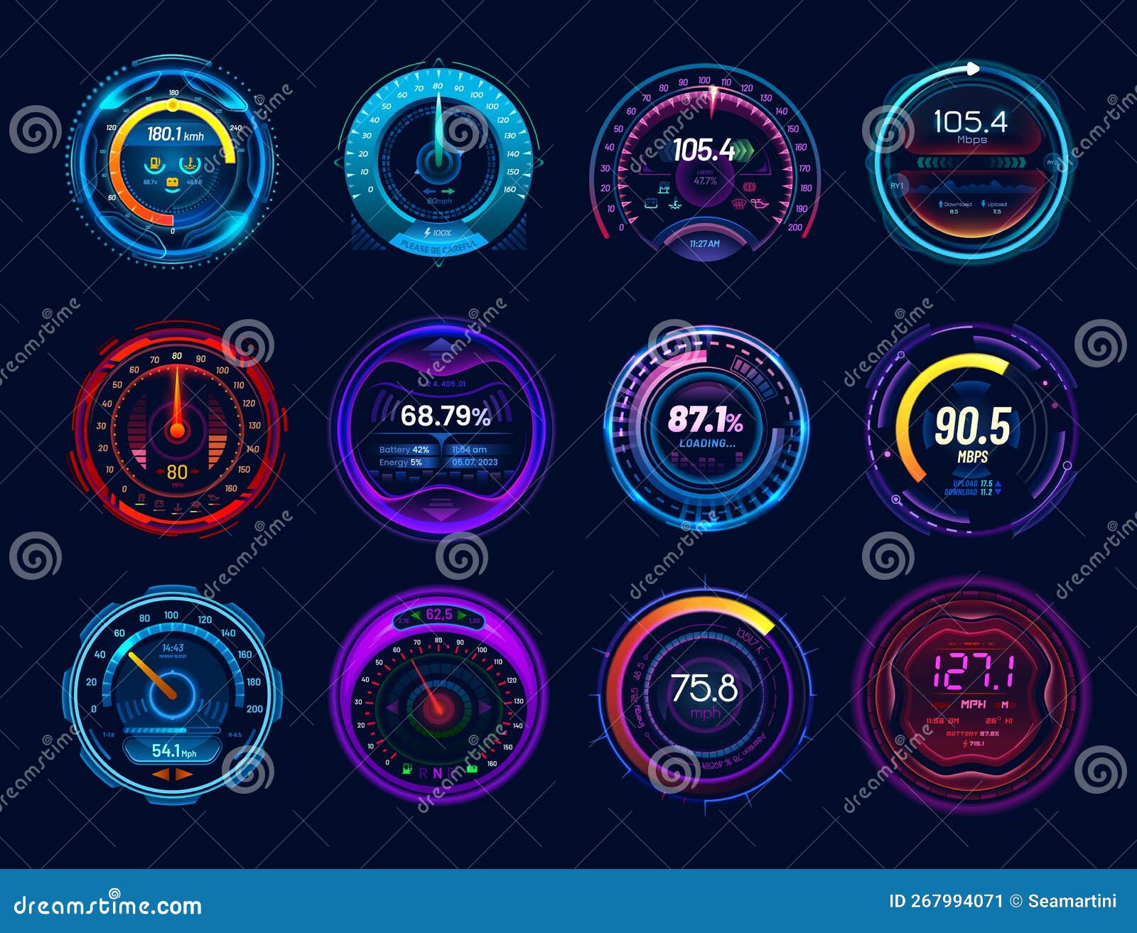 Futuristic Car Speedometer Gauge Dials, Neon LED Stock Illustration ...