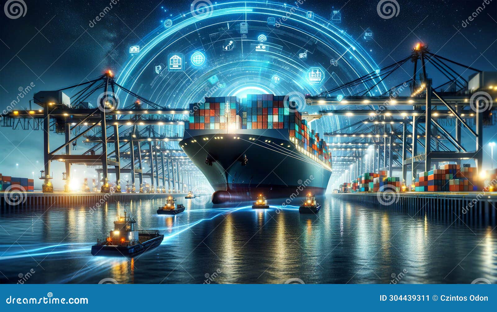 A Futuristic Cargo Ship Docks at a High-tech Port with Digital ...