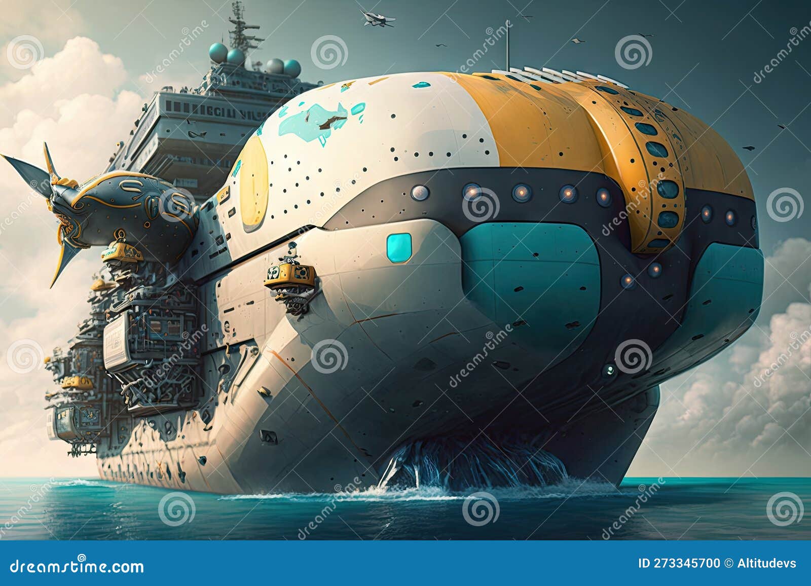 Futuristic Cargo Ship, with Drones and Robots Loading and Unloading ...