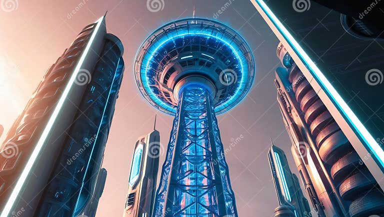 Futuristic Cell Tower with Glowing Light, Advanced Technology, Urban ...