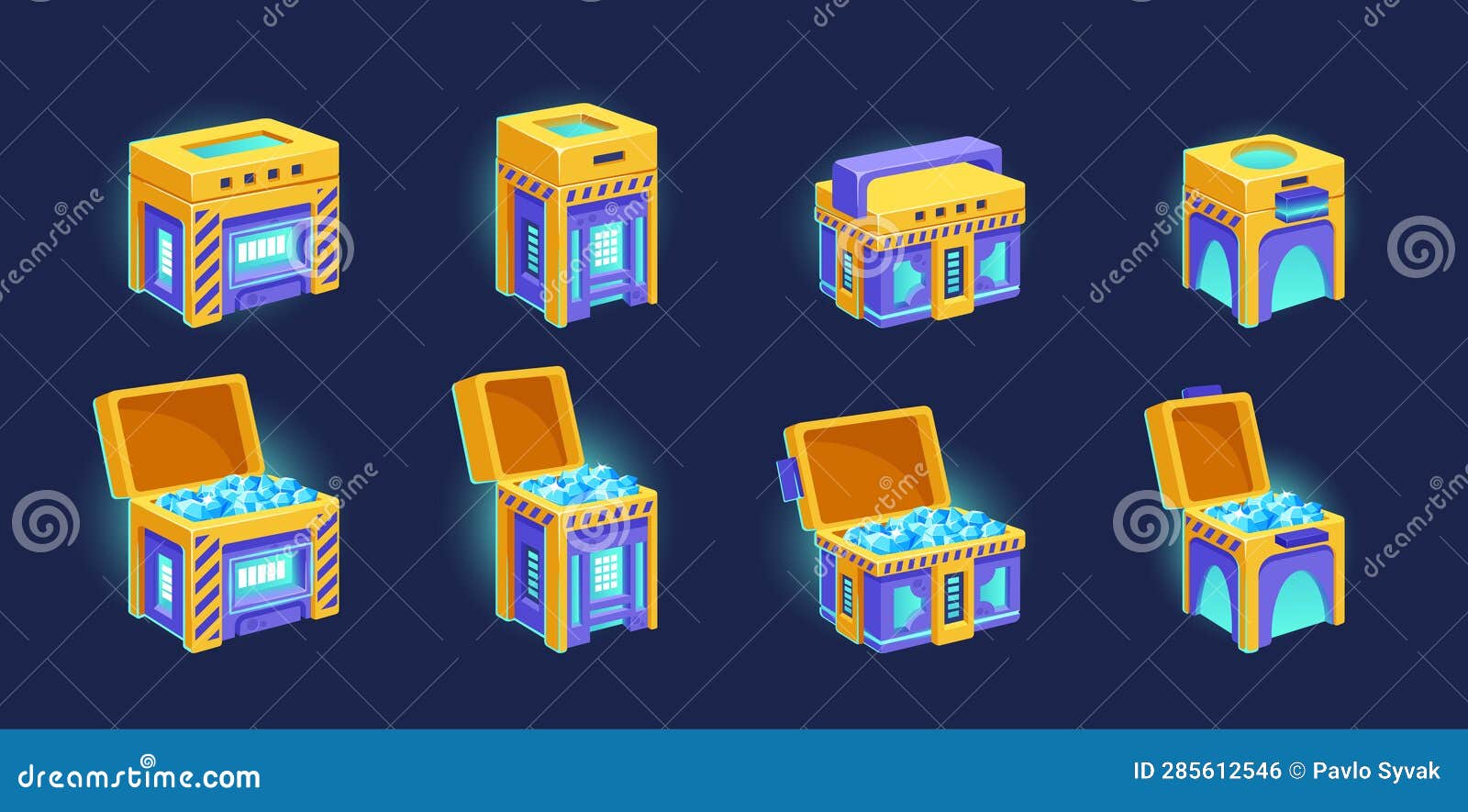 Futuristic Chests, Closed and Open Boxes with Treasure Inside. Isolated ...