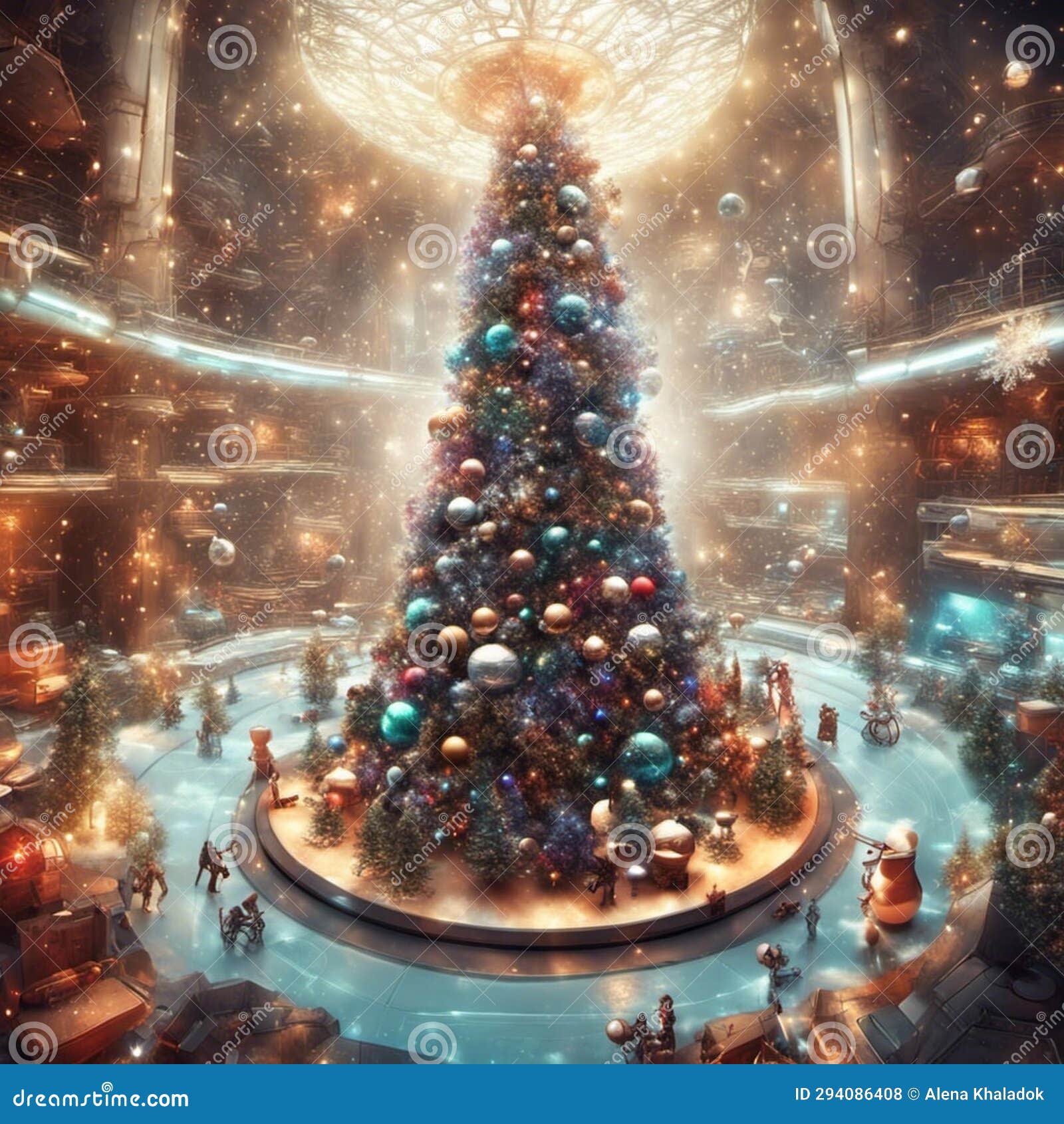 Futuristic Christmas Tree Controlled by Robots Stock Illustration ...