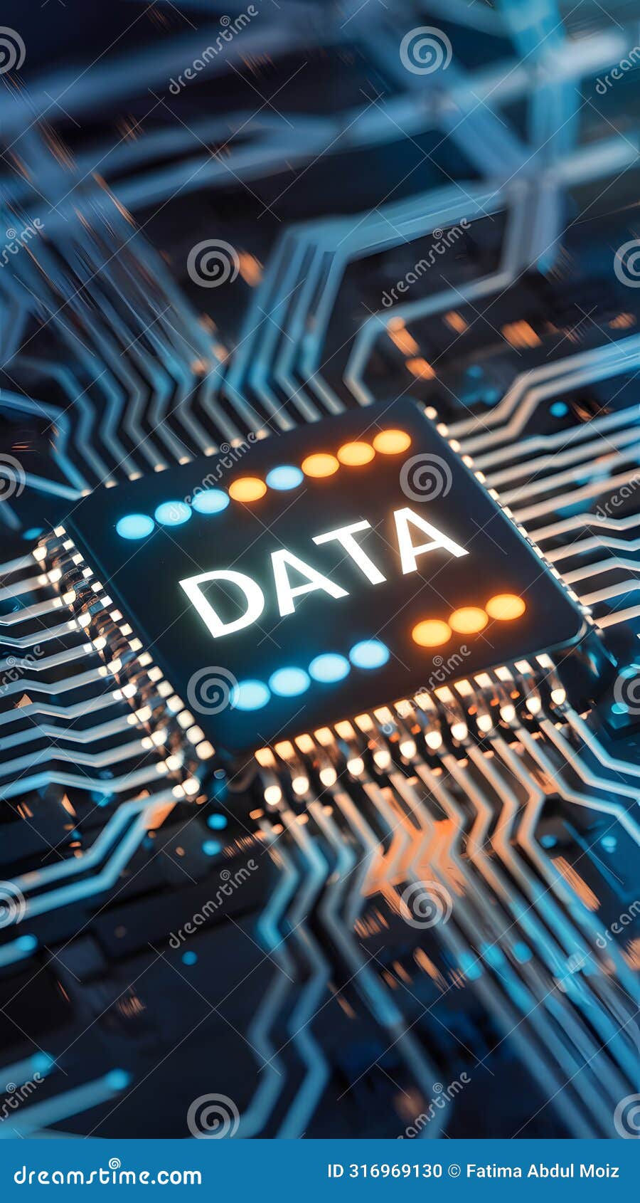 Futuristic Circuit Board with Central Data Chip, Glowing Dots ...