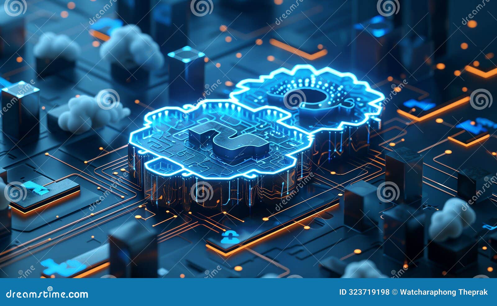 Futuristic Circuit Board with Glowing Blue Gears, Orange Pathways, and ...