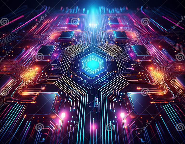 Futuristic Circuit Board Glowing with Data Transferring through ...