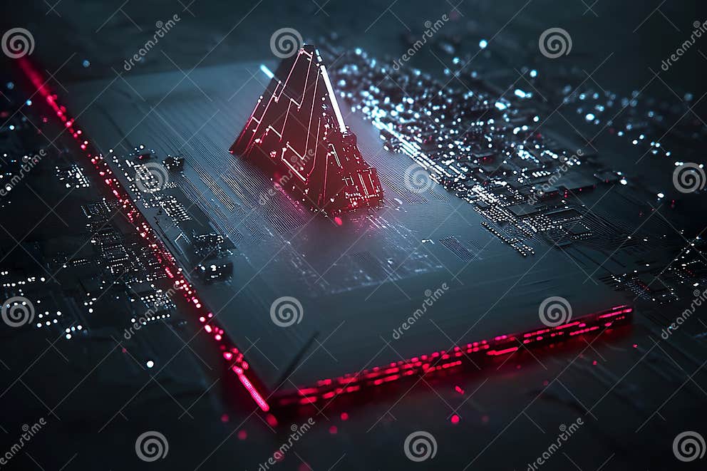 Futuristic Circuit Board with Glowing Pyramid Structure and Neon Lights ...