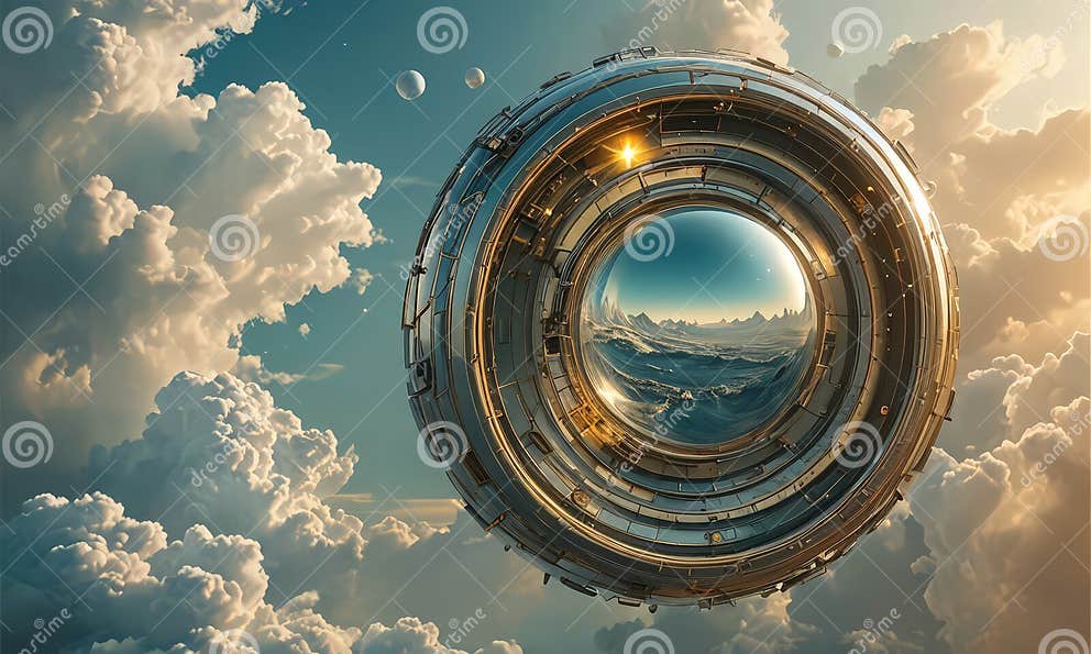 Futuristic, Circular Device with Reflective Surface Floats in Cloudy ...