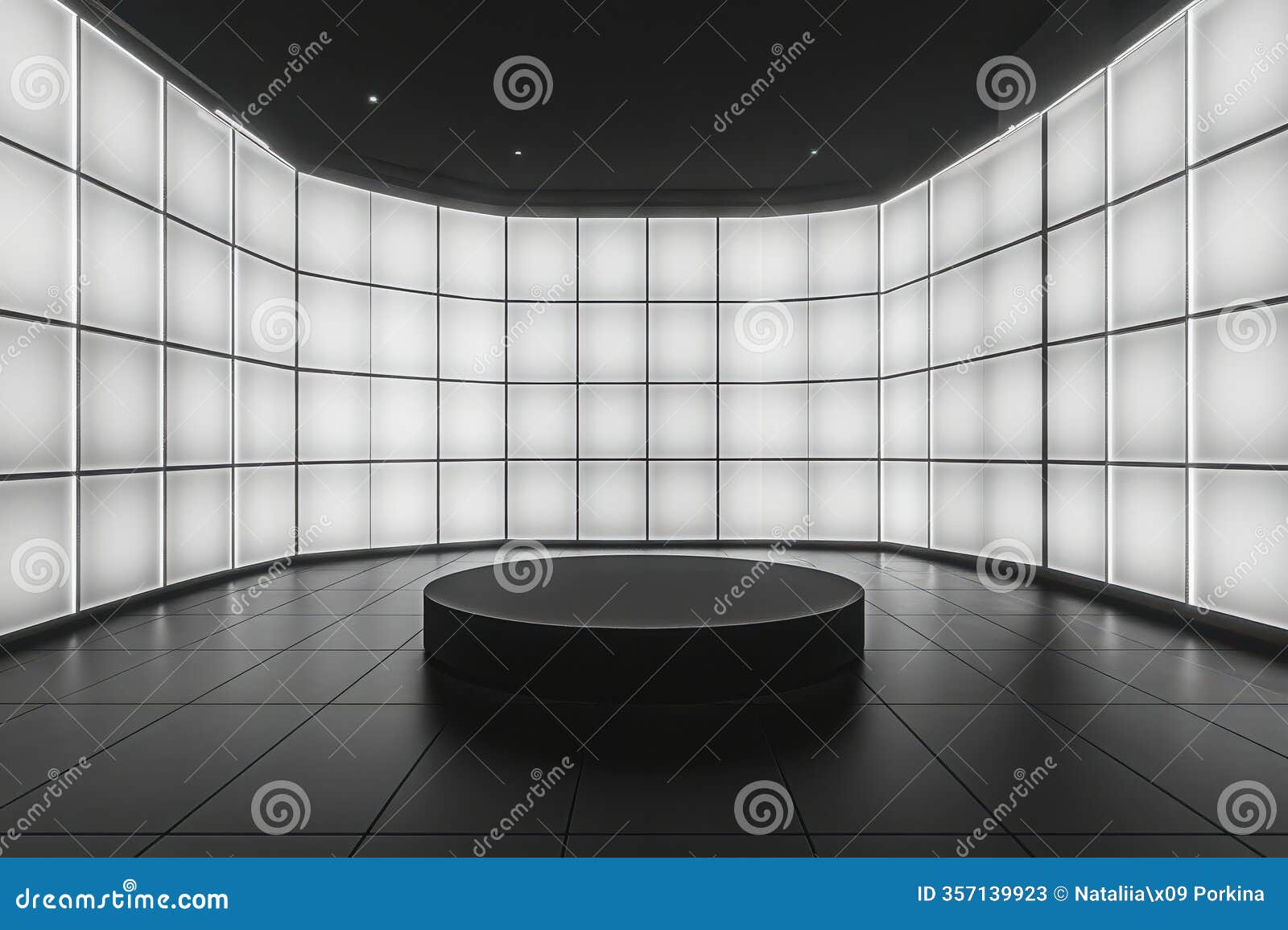 Futuristic Circular Stage in a Brightly Lit Room with Grid Walls Stock ...