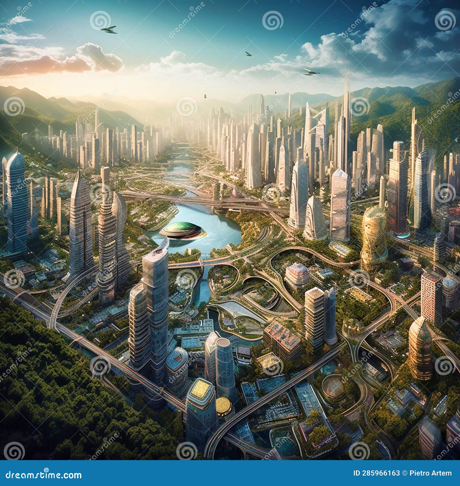 Futuristic Cities High Angle View Advanced Infrast. Generative AI Stock ...