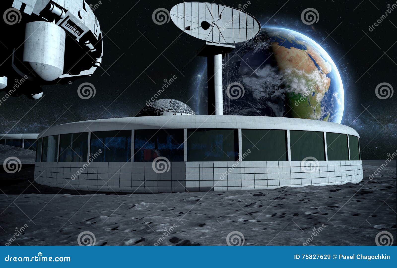 Futuristic City, Base, Town on Moon. the Space View of the Planet Earth ...