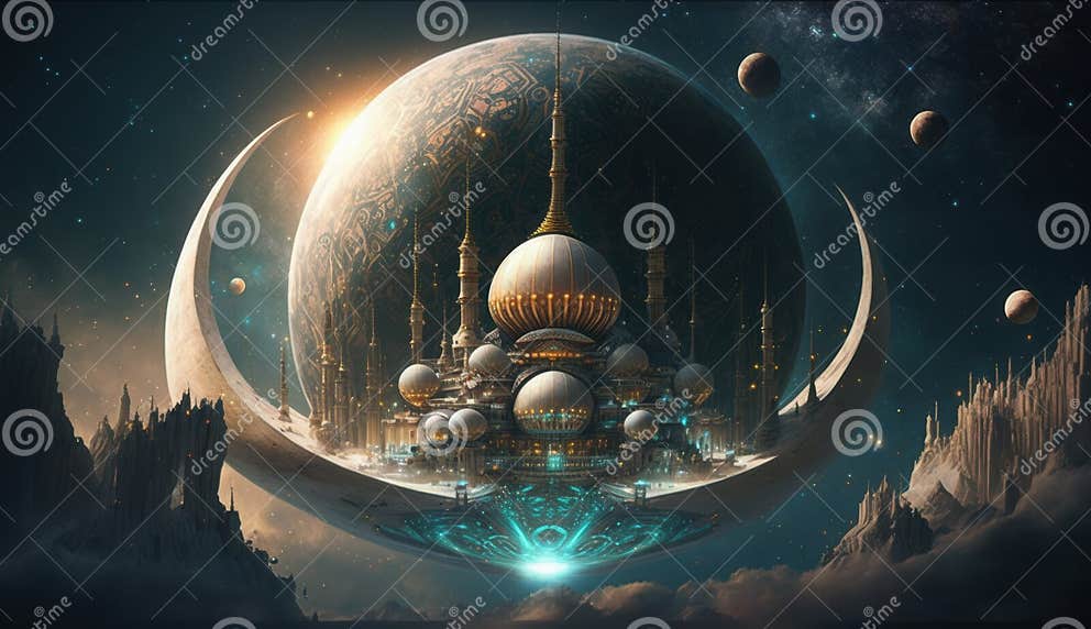 A Futuristic City on a Crescent Moon, Surrounded by Planets. Created by ...
