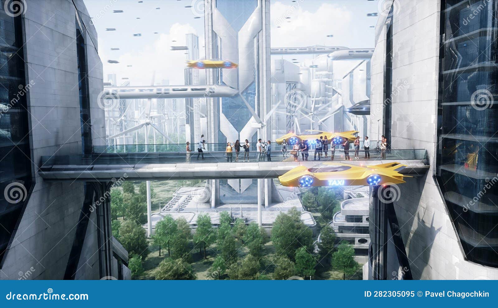 Futuristic City. 3d People and Robots. Future Concept. 3d Rendering ...
