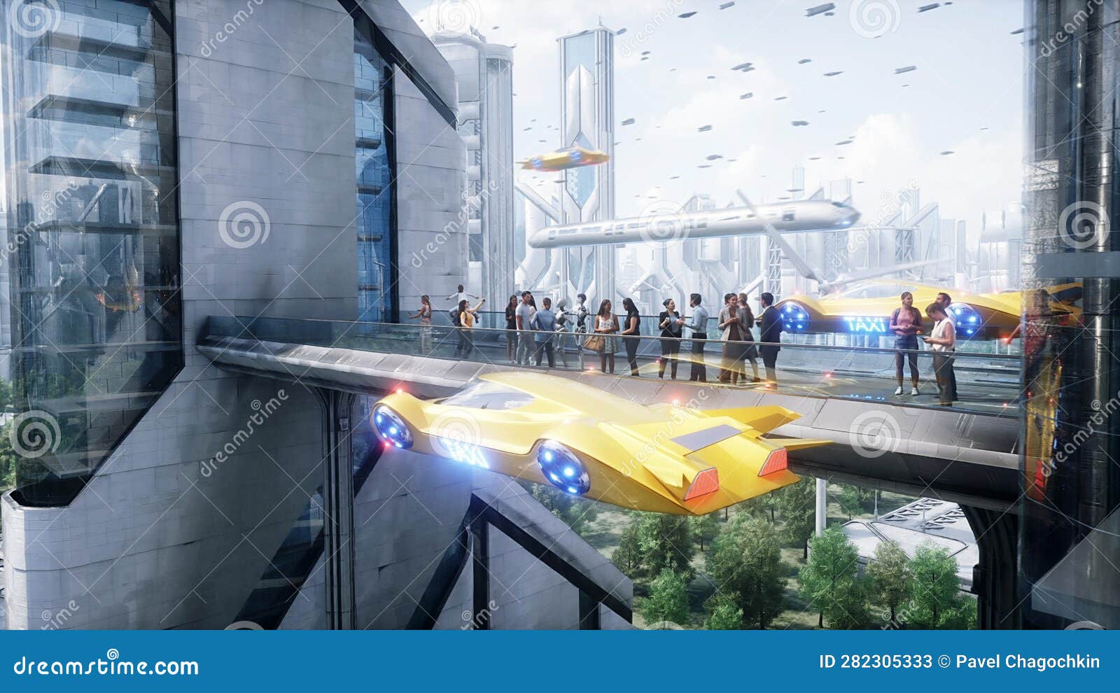 Futuristic City. 3d People and Robots. Future Concept. 3d Rendering ...