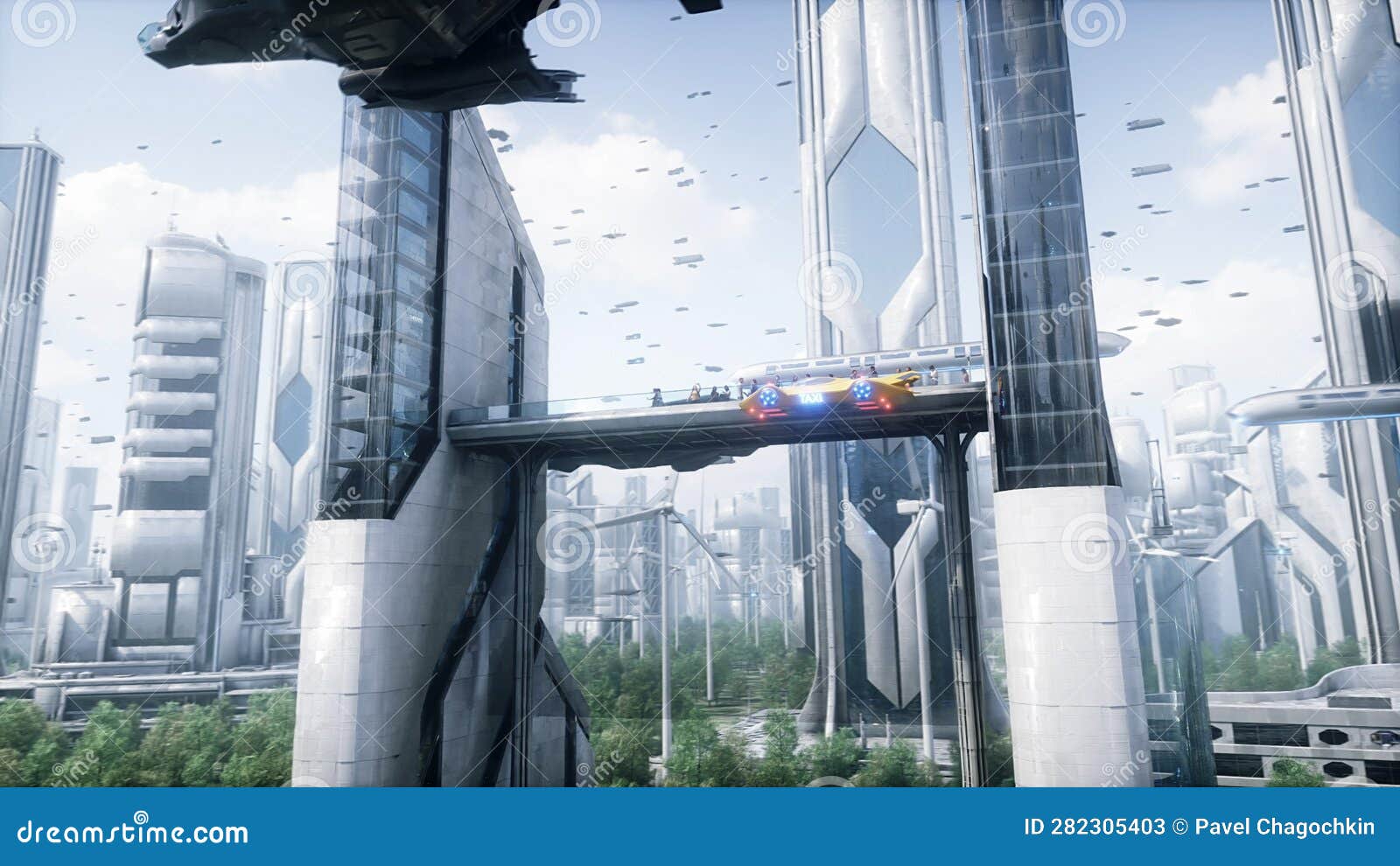 Futuristic City. 3d People and Robots. Future Concept. 3d Rendering ...