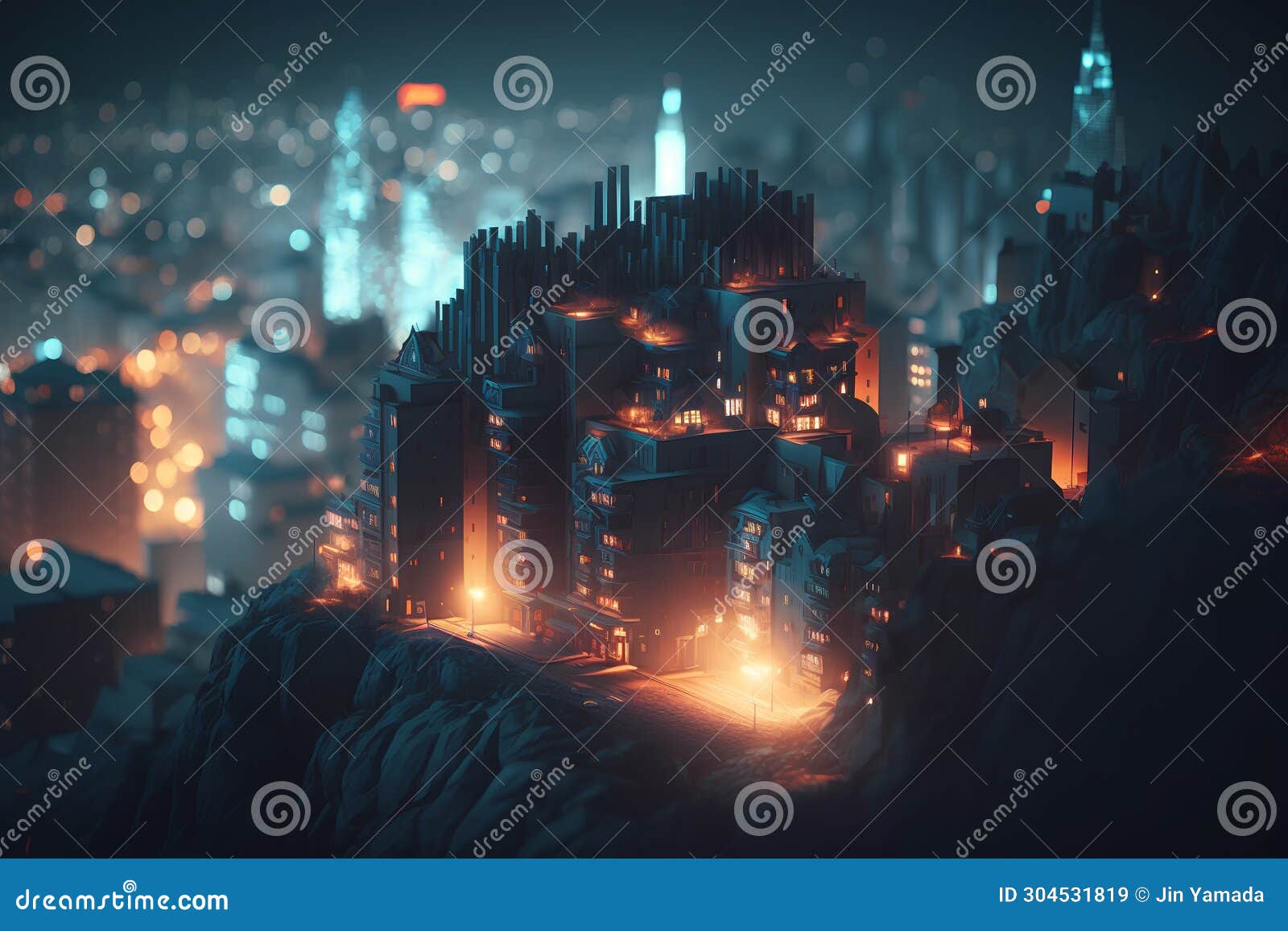 Futuristic City with Glowing Buildings. 3D Rendering Stock Illustration ...