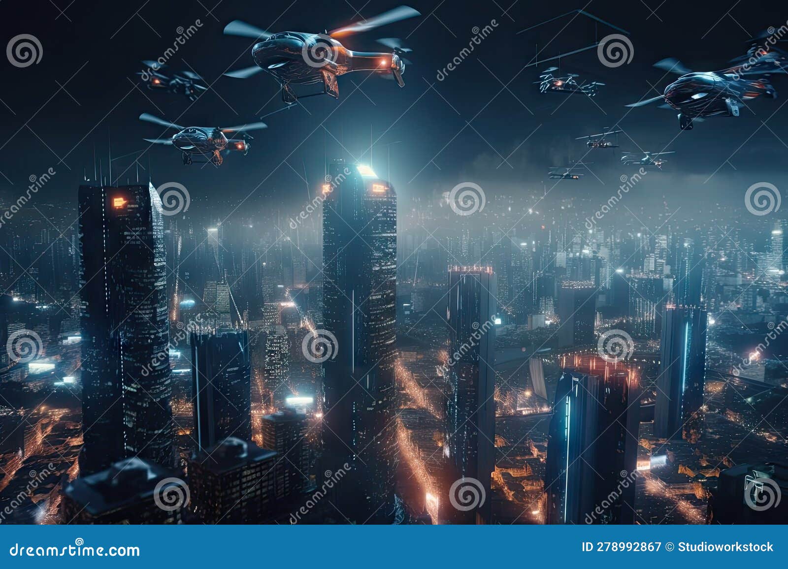 Futuristic City, with Hovering Vehicles and Flying Drones, Against ...