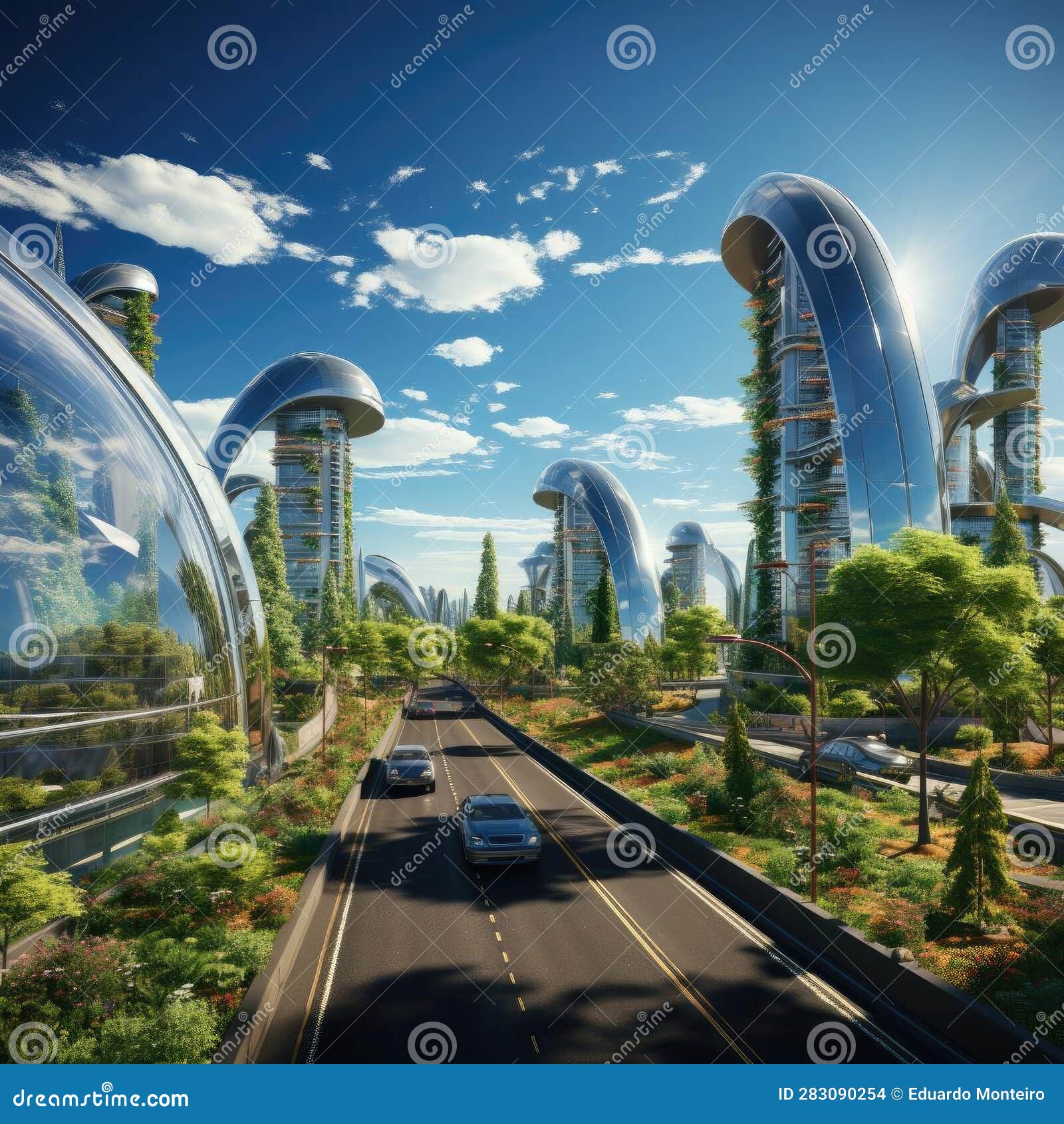 Futuristic City with Innovative Structures Surrounded by Nature Stock ...