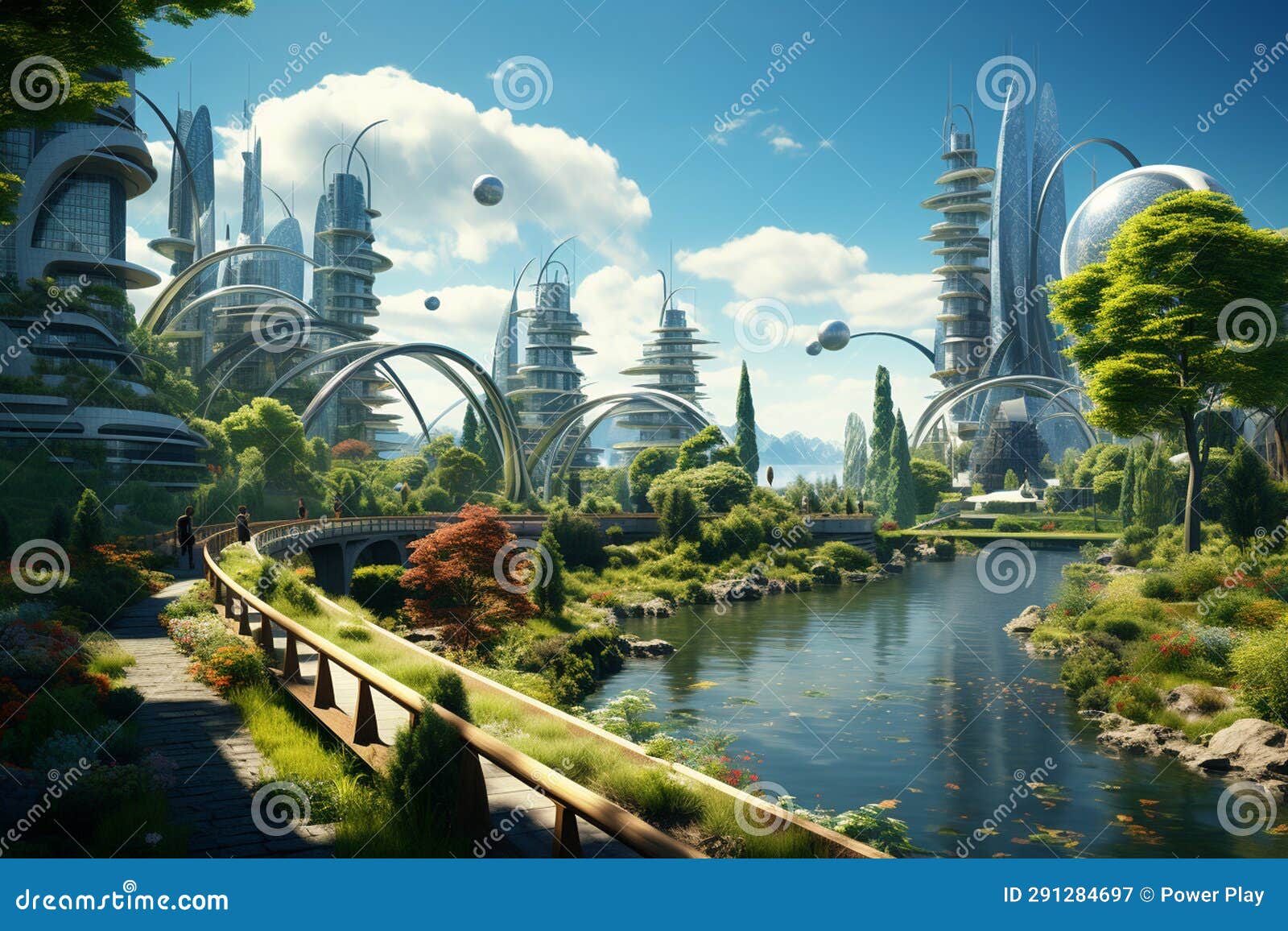 Futuristic City Landscape with Skyscrapers and River. 3d Rendering ...