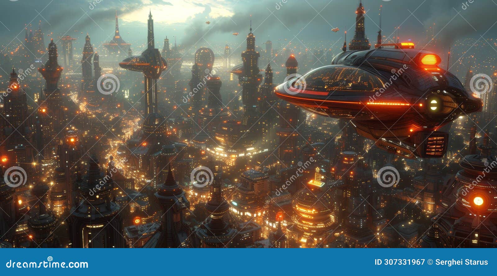 A Futuristic City with a Large Spaceship Flying Over it, AI Stock Image ...