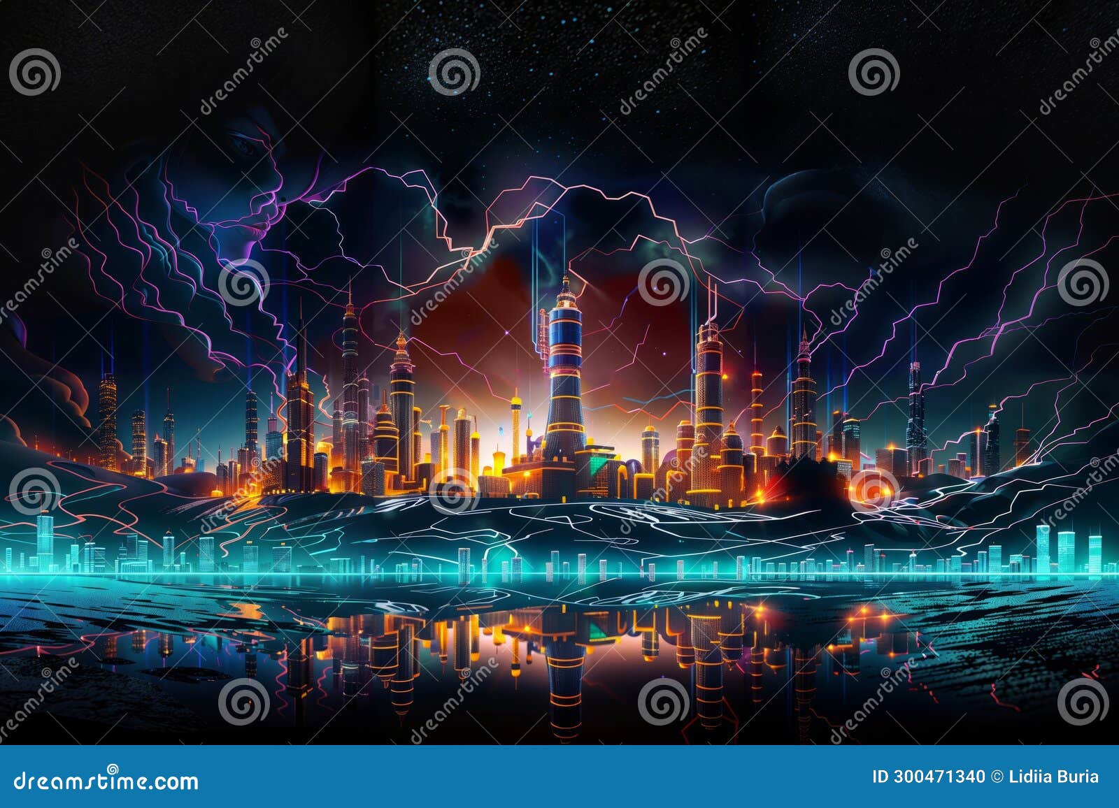 Futuristic City with Lightning on a Dark Background, Generative Ai ...