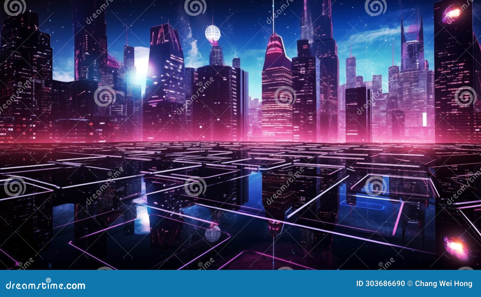 Futuristic City Lights Reflected on the Surface of a Virtual Reality ...