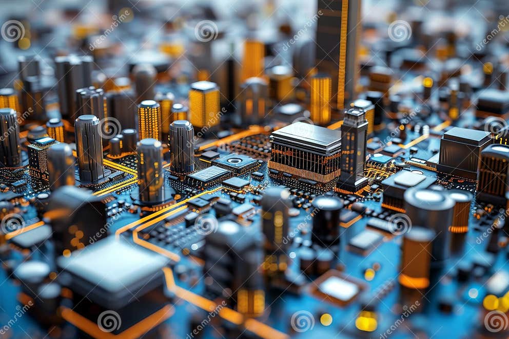 Futuristic City Made by Chip Circuits, Microscopic View of Computer ...