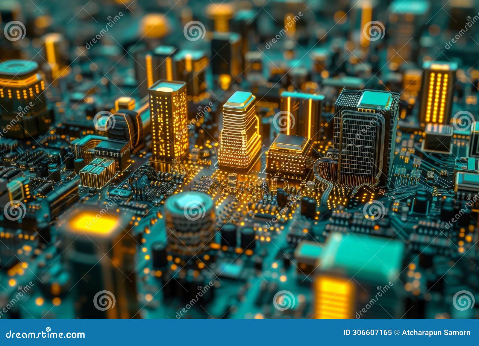 Futuristic City Made by Chip Circuits, Microscopic View of Computer ...