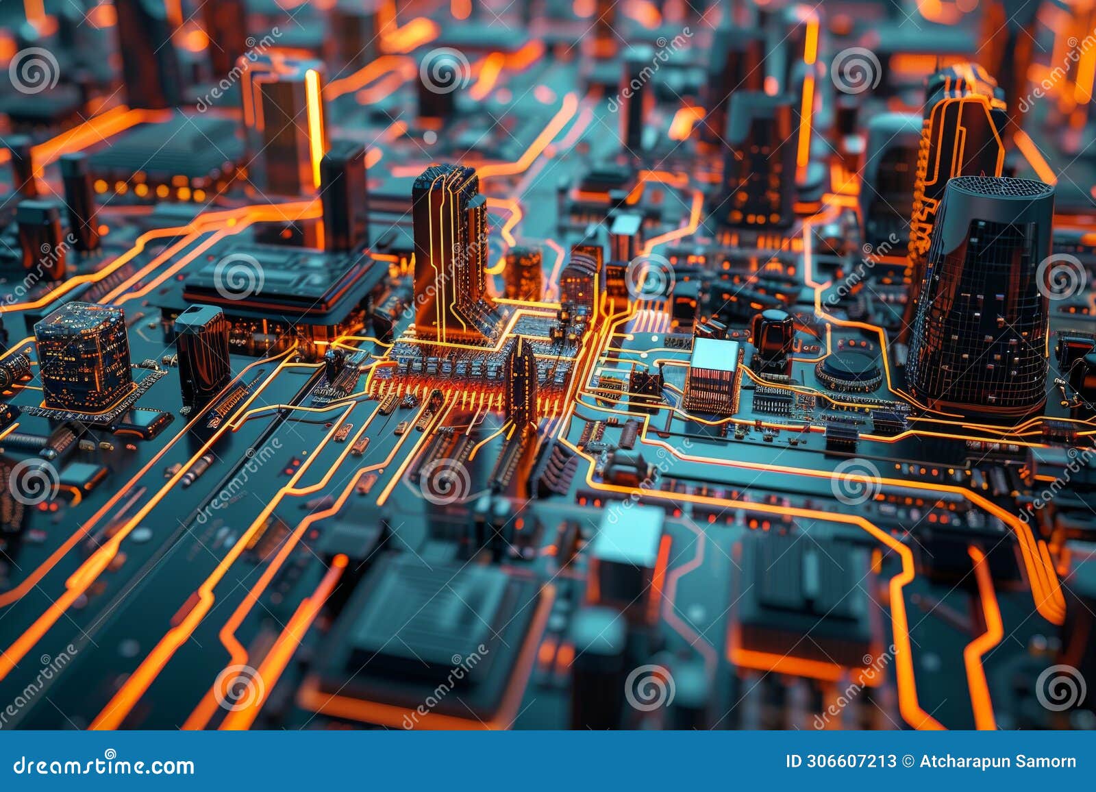 Futuristic City Made by Chip Circuits, Microscopic View of Computer ...