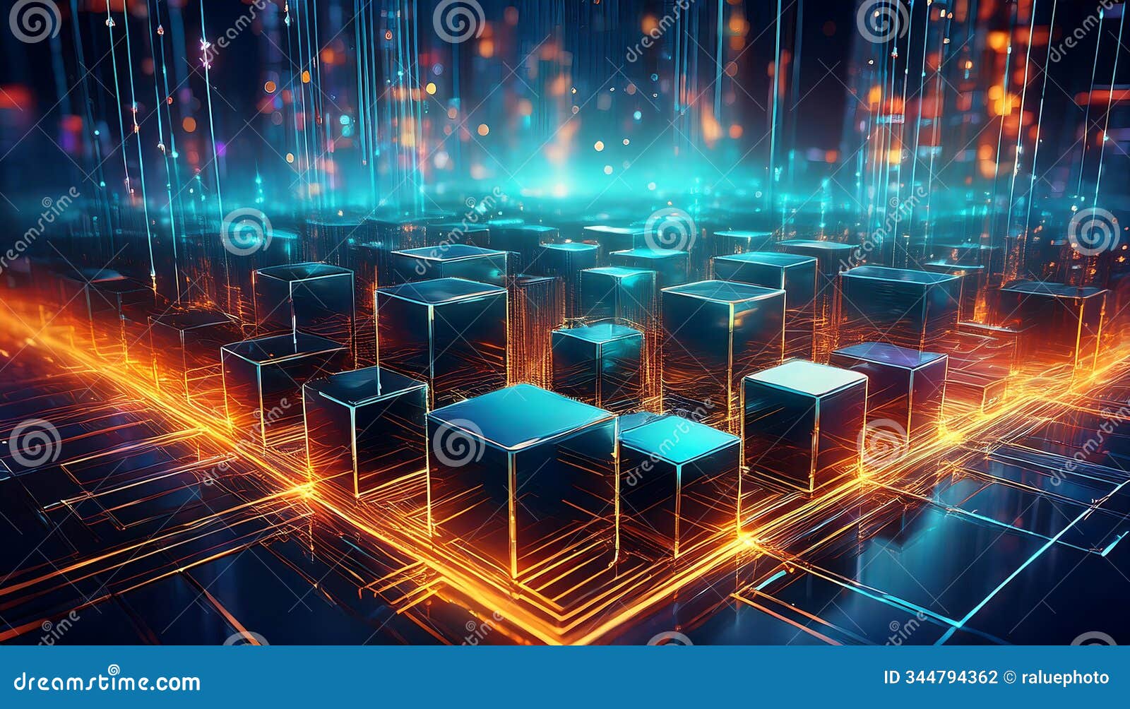 Futuristic City Made of Shining Cubes with Glowing Lines Connecting ...